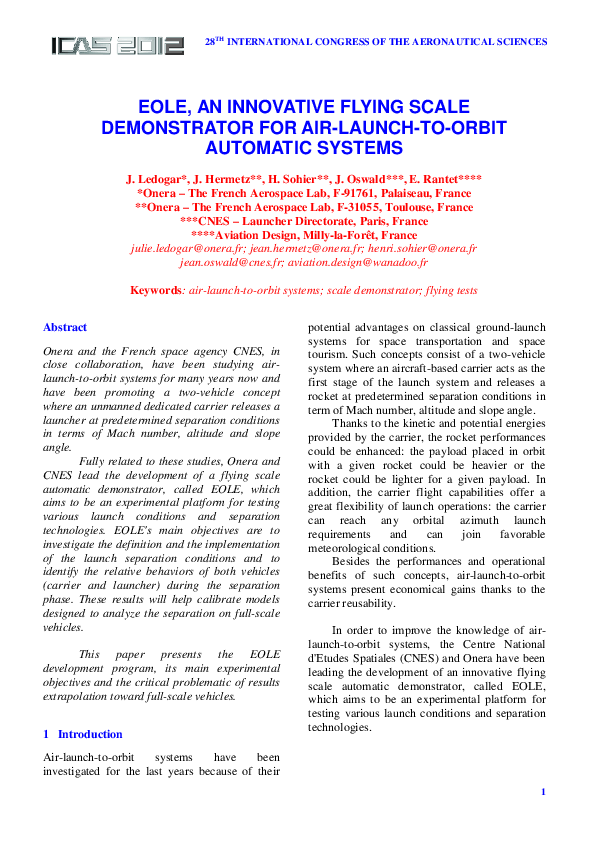 (PDF) Eole , an Innovative Flying Scale Demonstrator for Air-Launch-To ...