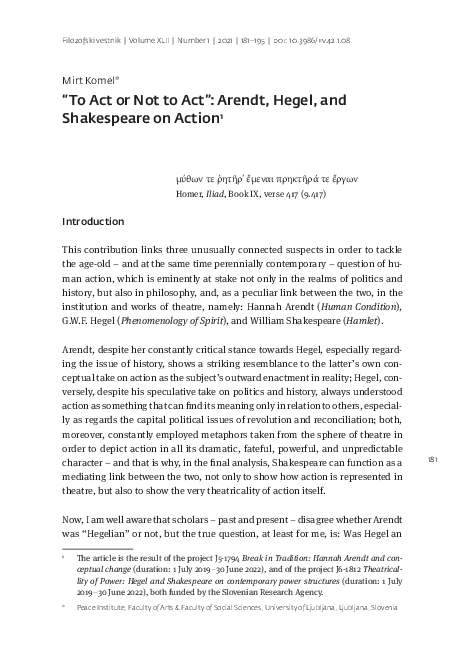 (PDF) “To Act or Not to Act”: Arendt, Hegel, and Shakespeare on Action