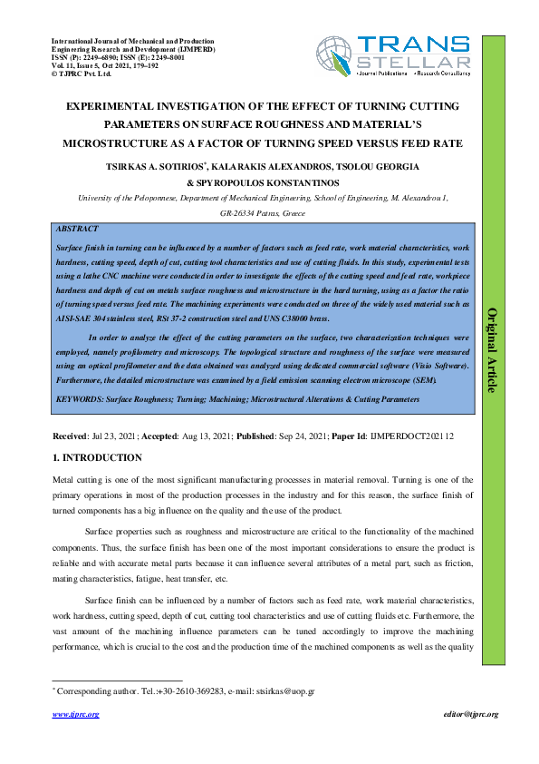 Pdf Experimental Investigation Of The Effect Of Turning Cutting Parameters On Surface