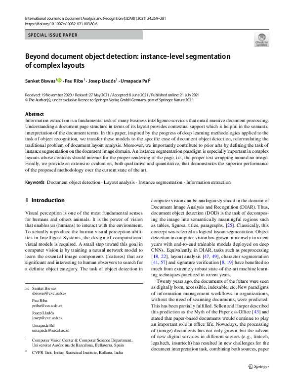 (PDF) Beyond document object detection: instance-level segmentation of ...