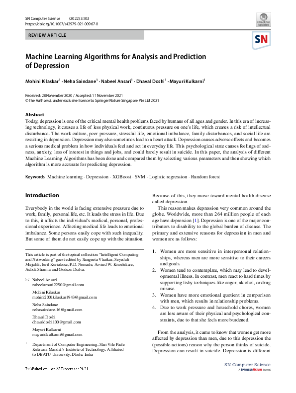 (PDF) Machine Learning Algorithms for Analysis and Prediction of Depression
