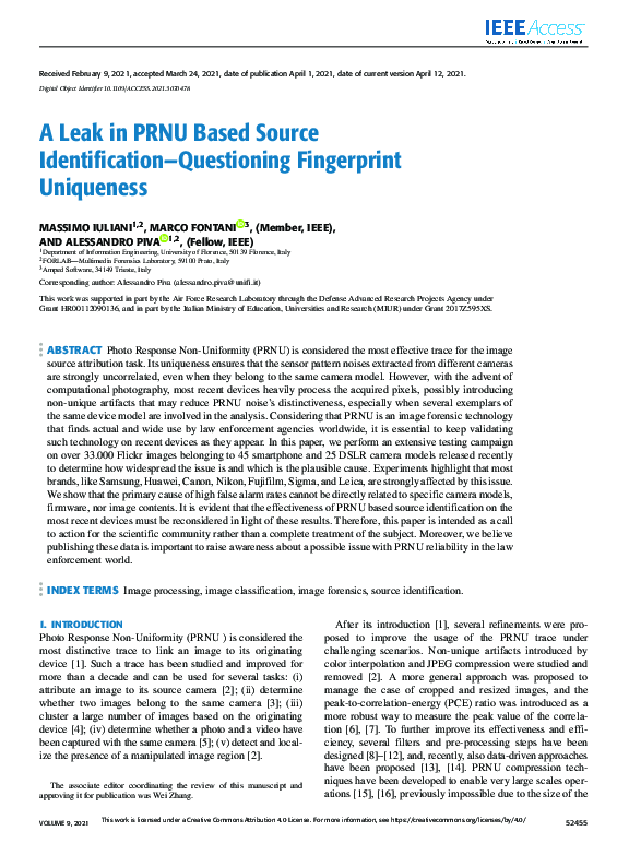 (PDF) A Leak in PRNU Based Source Identification—Questioning Fingerprint Uniqueness | Marco ...