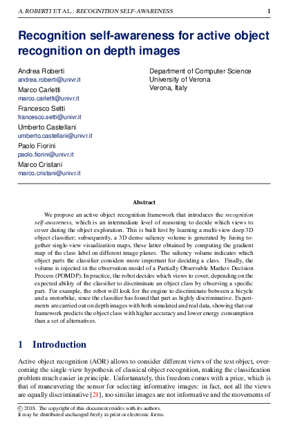 (PDF) Recognition self-awareness for active object recognition on depth images