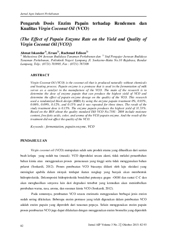 (PDF) Pengaruh Dosis Enzim Papain terhadap Rendemen dan Kualitas Virgin Coconut Oil (VCO)