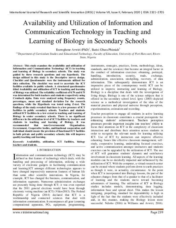 (PDF) Availability and Utilization of Information and Communication Technology in Teaching and ...