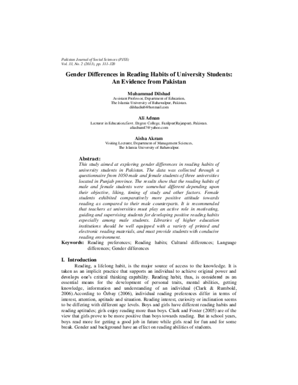 (PDF) Gender Differences in Reading Habits of University Students: An ...