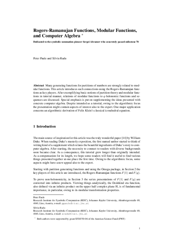 Pdf Rogers Ramanujan Functions Modular Functions And Computer Algebra
