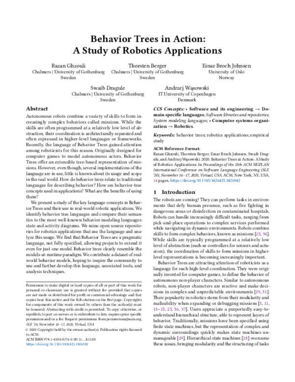 (PDF) Behavior trees in action: a study of robotics applications | Razan Ghzouli - Academia.edu