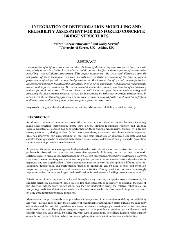 Pdf Integration Of Deterioration Modelling And Reliability Assessment For Reinforced Concrete