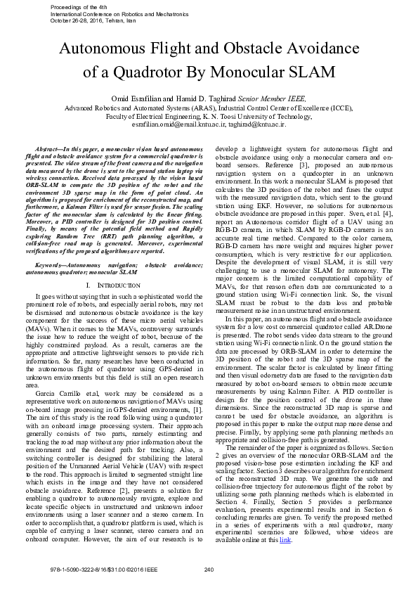 (PDF) Autonomous flight and obstacle avoidance of a quadrotor by monocular SLAM