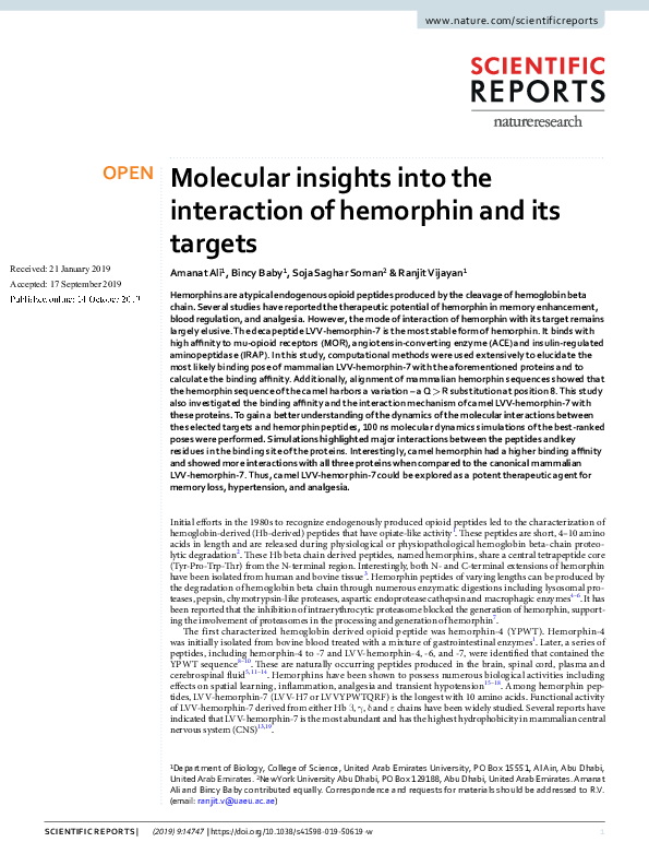 (PDF) Molecular insights into the interaction of hemorphin and its targets