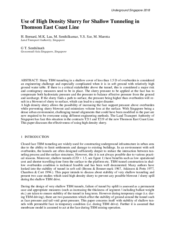 (PDF) Use of High Density Slurry for Shallow Tunneling in Thomson East ...