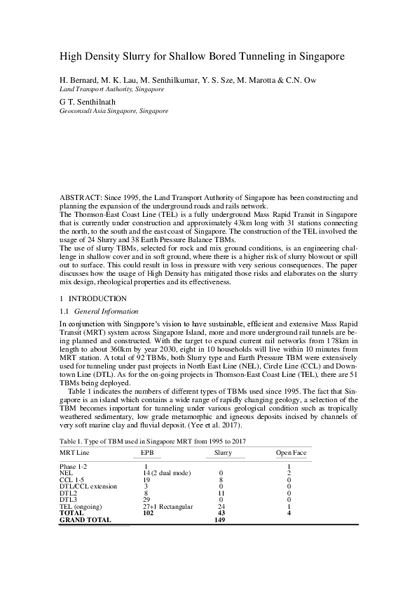 (PDF) High Density Slurry for Shallow Bored Tunneling in Singapore