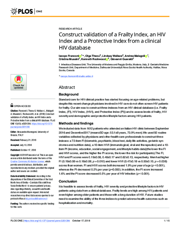 Pdf Construct Validation Of A Frailty Index An Hiv Index And A Protective Index From A