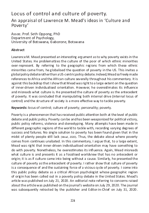 (PDF) Locus of control and culture of poverty. An appraisal of Lawrence ...