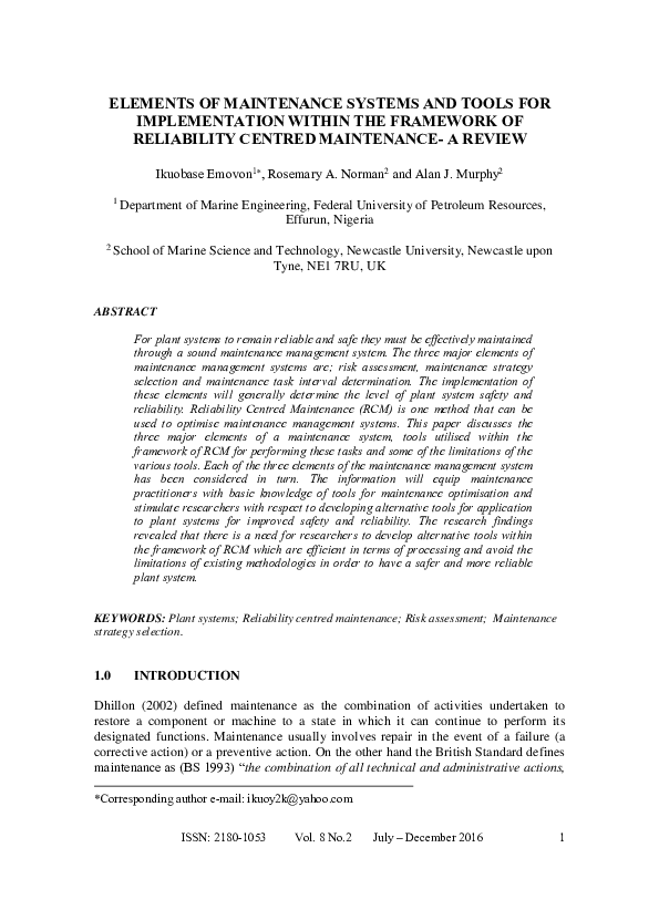 (PDF) Elements of maintenance system and tools for implementation ...