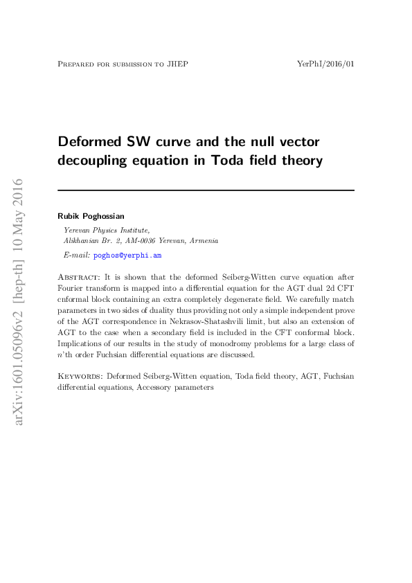 (PDF) Deformed SW curve and the null vector decoupling equation in Toda ...