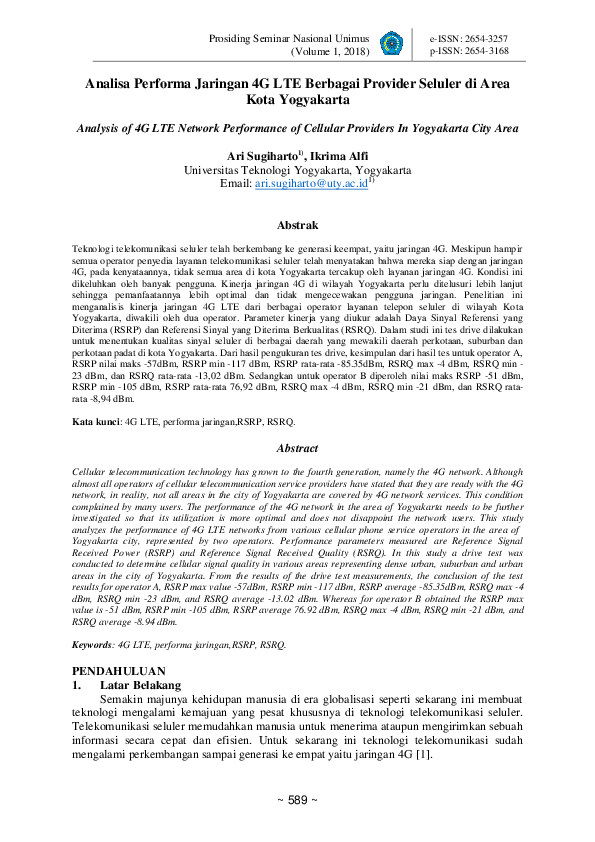 Pdf Performa Jaringan 4 G Lte Berbagai Provider Seluler Di Area Kota Yogyakarta Analysis Of 4