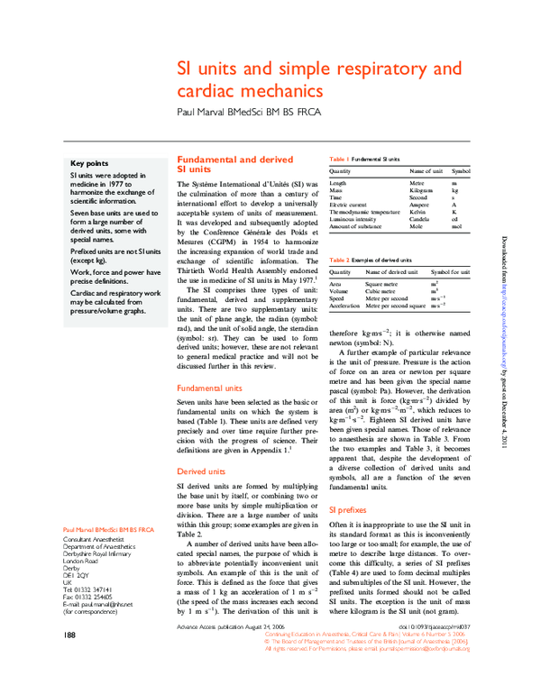 (PDF) SI units and simple respiratory and cardiac mechanics
