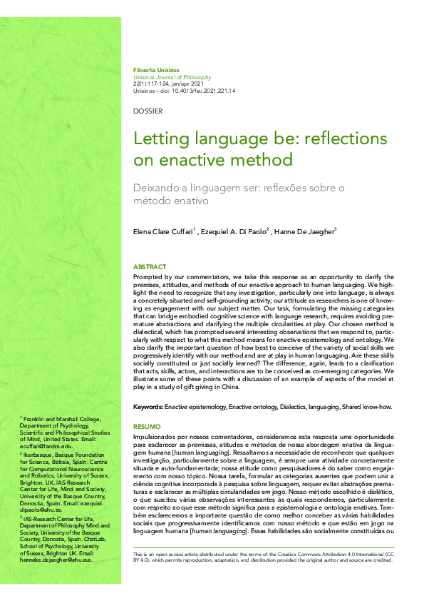 (PDF) Letting language be: reflections on enactive method