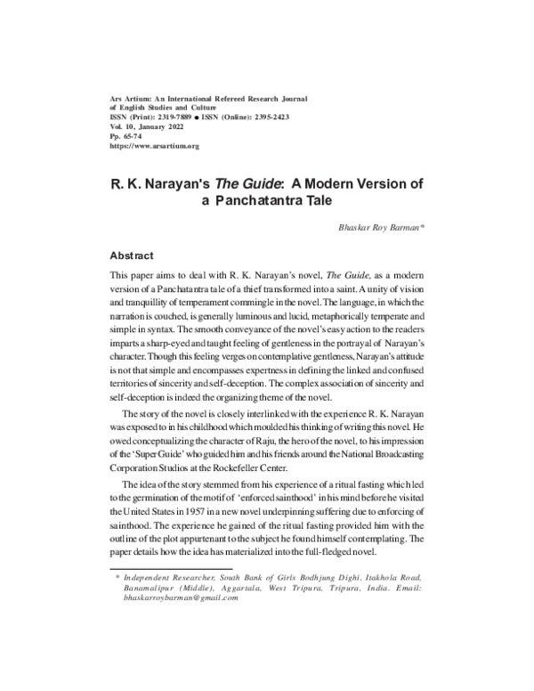 (PDF) R. K. Narayan's The Guide: A Modern Version of a Panchatantra Tale