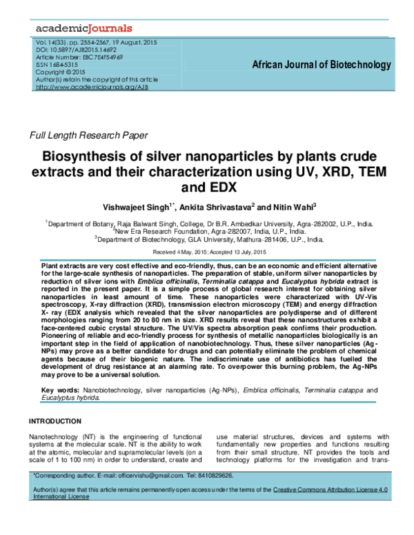 (PDF) Biosynthesis of silver nanoparticles by plants crude extract and ...
