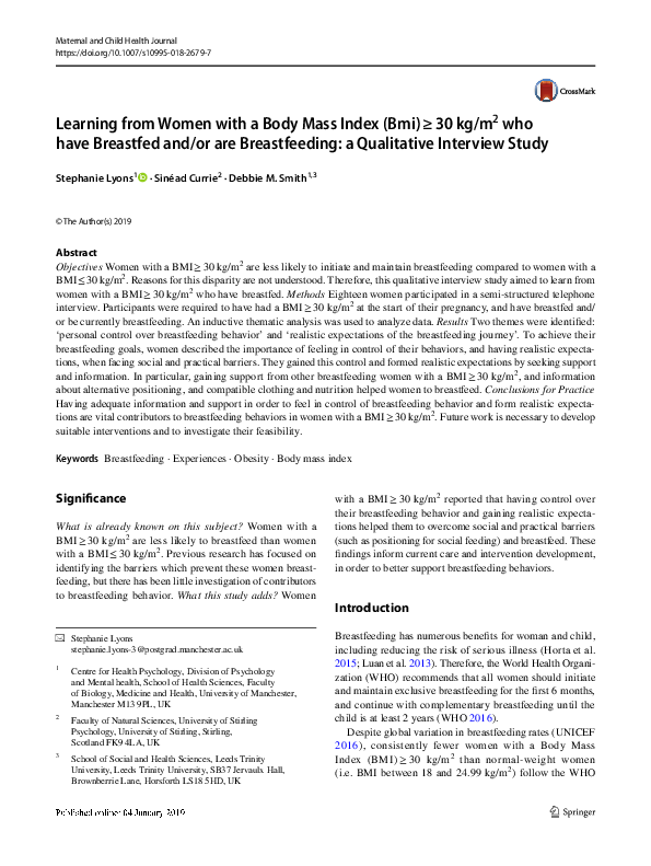 (PDF) Learning from Women with a Body Mass Index (Bmi) ≥ 30 kg/m2 who ...