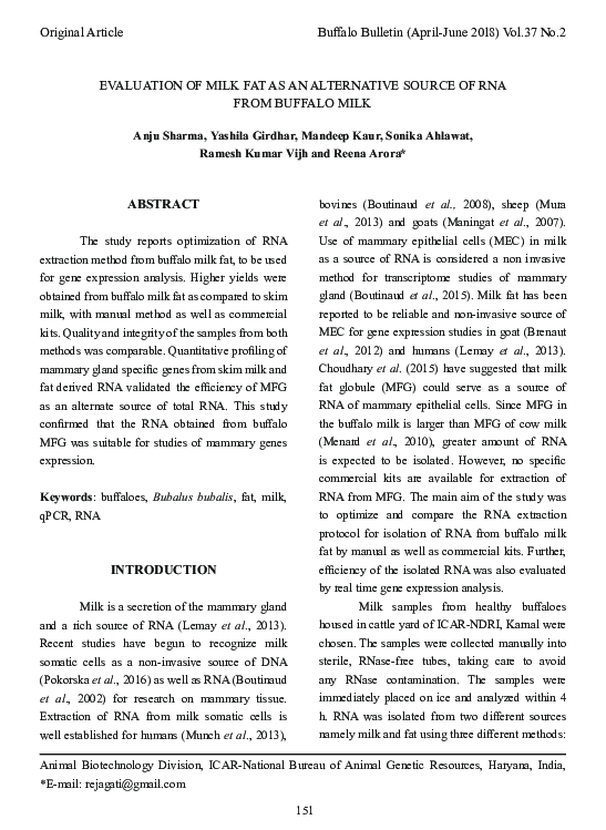 (PDF) Evaluation of milk fat as an alternative source of RNA from ...