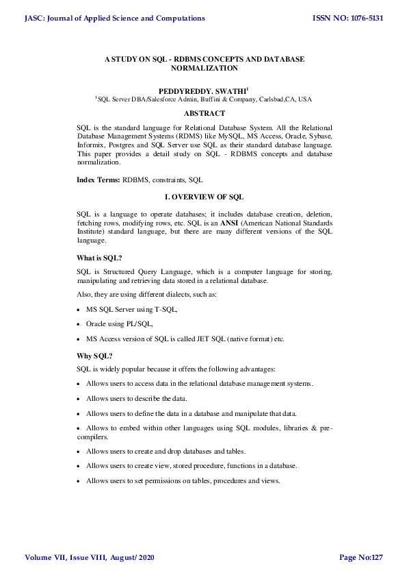 (PDF) A STUDY ON SQL -RDBMS CONCEPTS AND DATABASE NORMALIZATION