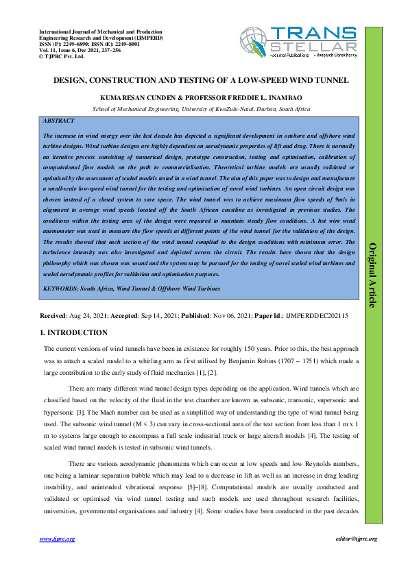 (PDF) DESIGN, CONSTRUCTION AND TESTING OF A LOW-SPEED WIND TUNNEL