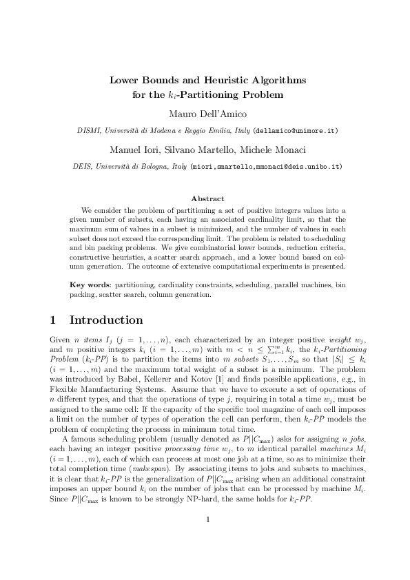(PDF) Lower bounds and heuristic algorithms for the k i -partitioning problem