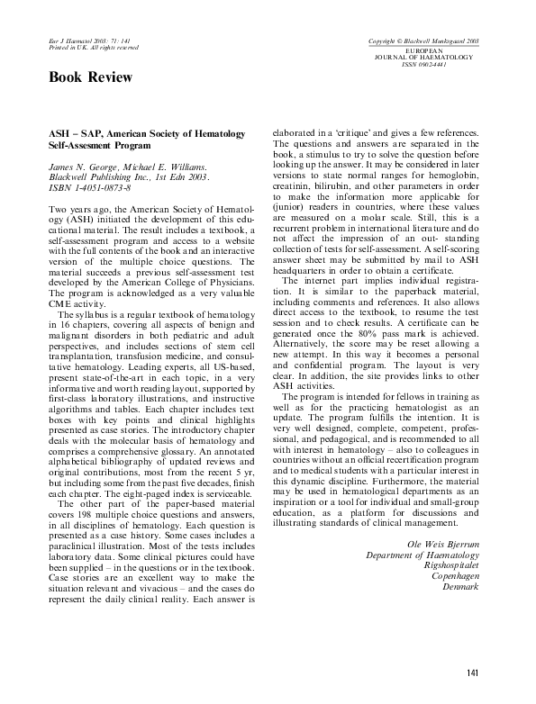 (PDF) ASH - SAP, American Society of Hematology Self-Assesment Program