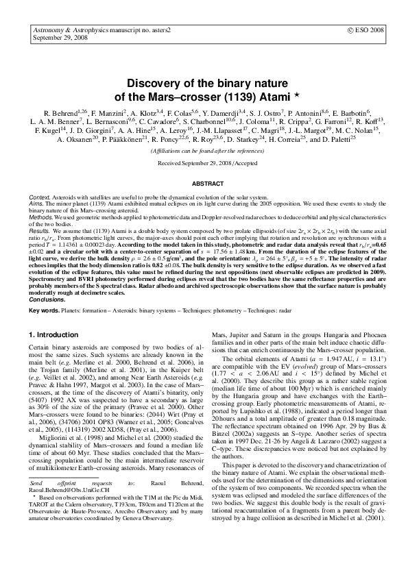 (PDF) Discovery of the binary nature of the Mars – crosser ( 1139 ) Atami