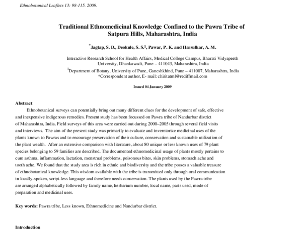 (PDF) Traditional ethnomedicinal knowledge confined to the Pawra tribe ...