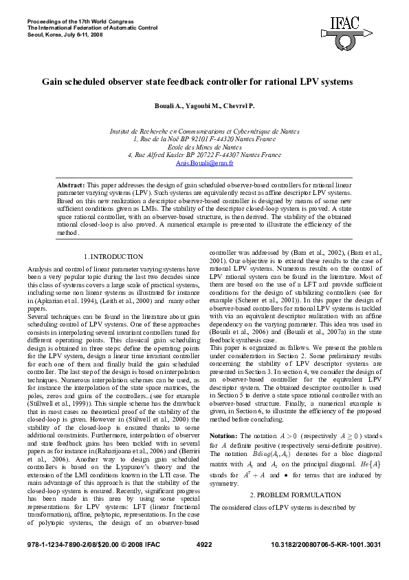 (PDF) Gain Scheduled Observer State Feedback Controllers for Rational LPV Systems