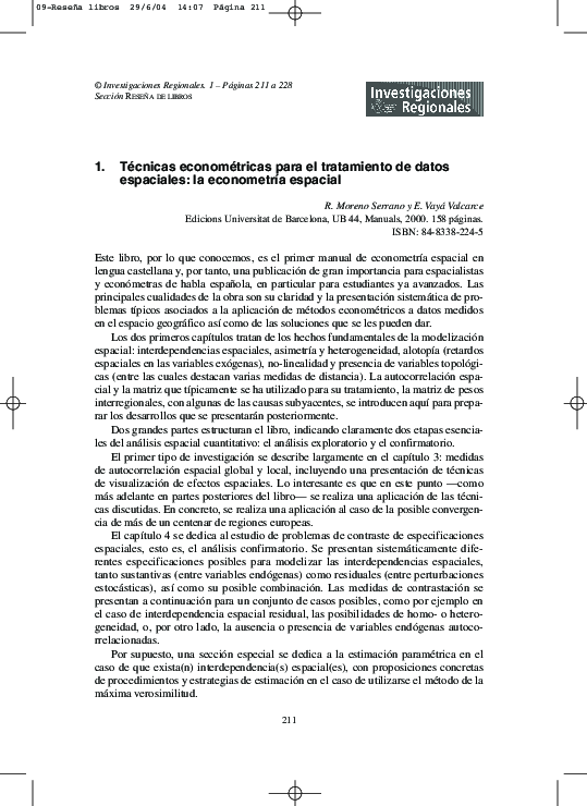 (PDF) Técnicas econométricas para el tratamiento de datos espaciales: la econometría espacial