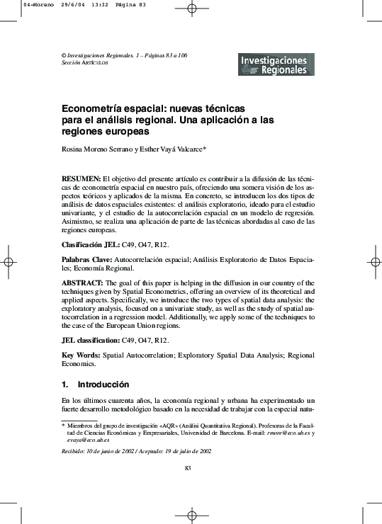 (PDF) Econometría espacial; nuevas técnicas para el análisis regional: una aplicación a las ...