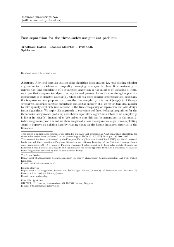 (PDF) Fast separation for the three-index assignment problem