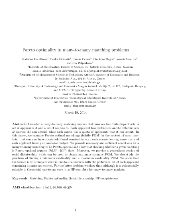 (PDF) Pareto optimality in many-to-many matching problems