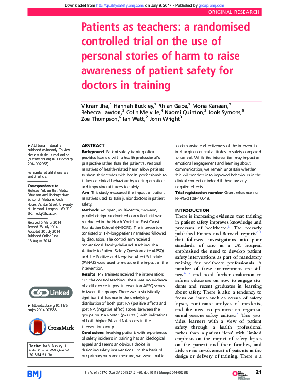 (PDF) Using Patient Narratives to Enhance Doctor Training in Safety