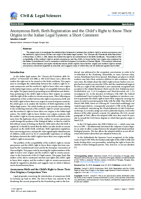 (PDF) Anonymous Birth, Birth Registration and the Child’s Right to Know ...