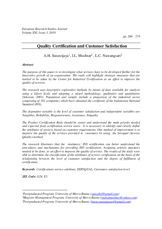 (PDF) Quality Certification and Customer Satisfaction