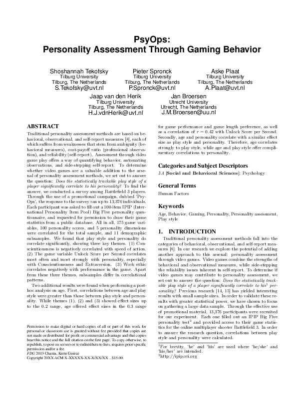 (PDF) PsyOps: Personality assessment through gaming behavior