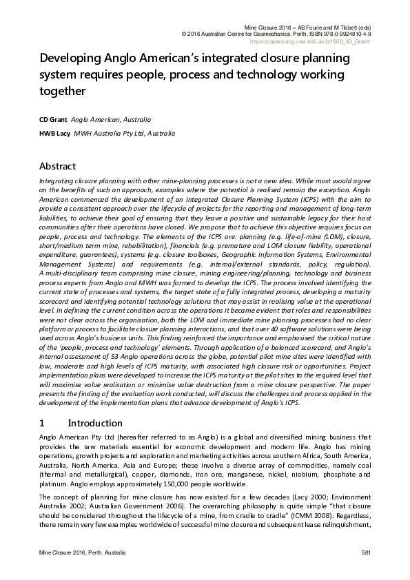(PDF) Developing Anglo American’s integrated closure planning system requires people, process ...