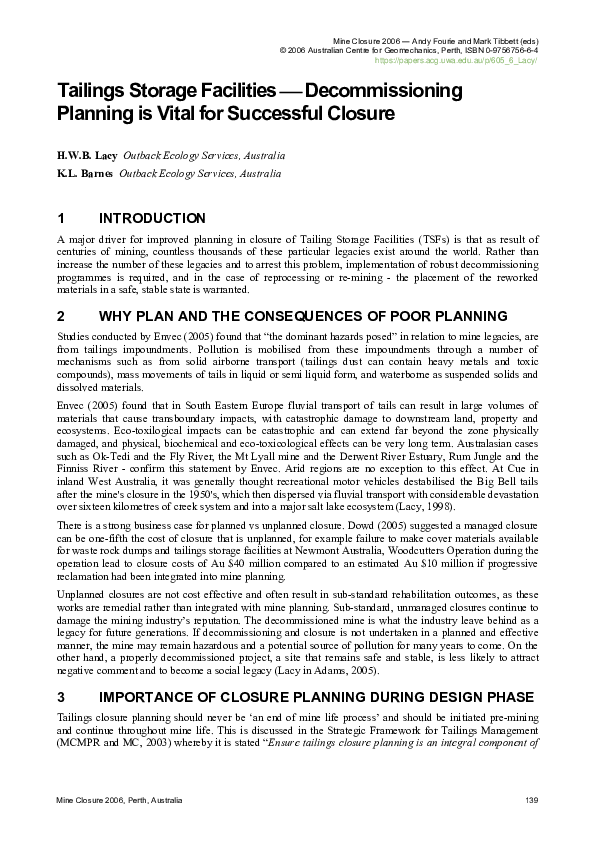 (PDF) Tailings Storage Facilities ⎯ Decommissioning Planning is Vital ...