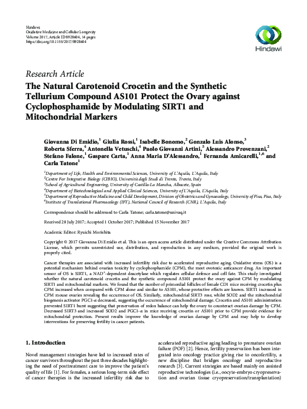 (PDF) The Natural Carotenoid Crocetin and the Synthetic Tellurium Compound AS101 Protect the ...