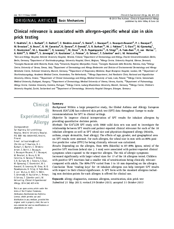 (PDF) Clinical relevance is associated with allergen-specific wheal ...
