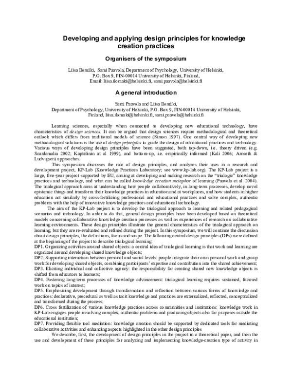 (PDF) Developing and applying design principles for knowledge creation ...