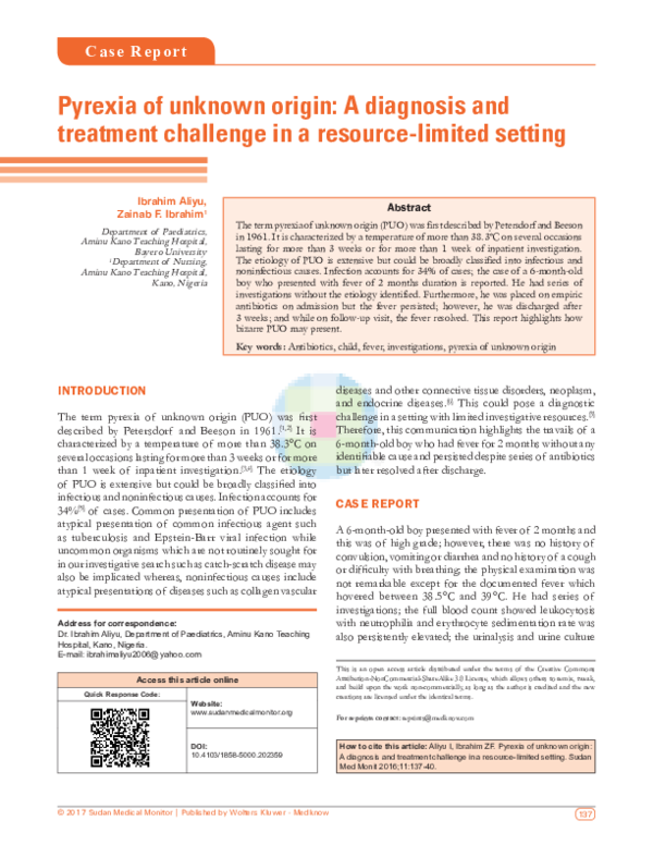 (PDF) Pyrexia of unknown origin: A diagnosis and treatment challenge in ...