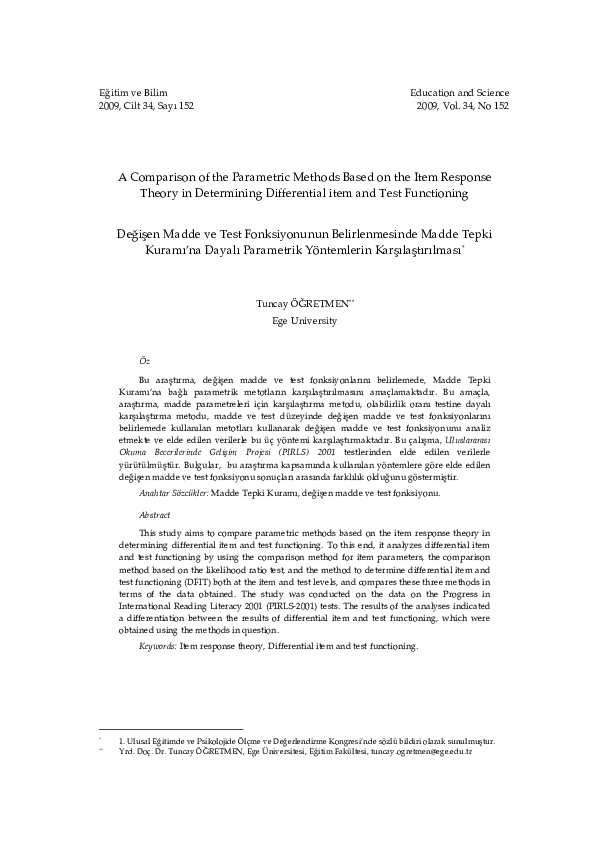 (PDF) A Comparison of the Parametric Methods Based on the Item Response Theory in Determining ...